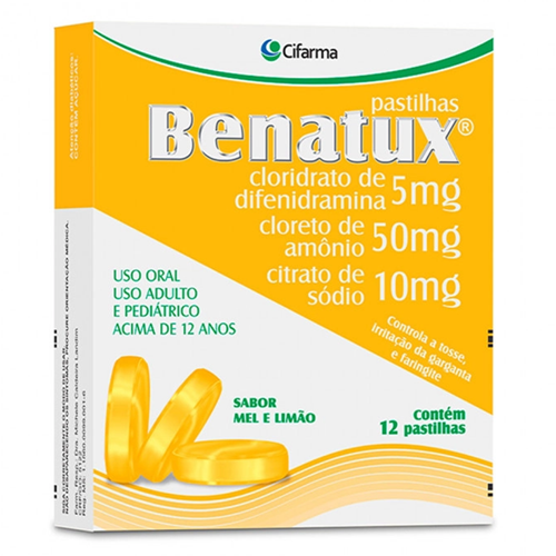 Benatux Pastilha 5mg + 50mg + 10mg, caixa com 12 pastilhas, sabor mel e ...