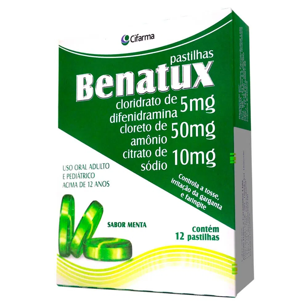 Benatux Pastilha 5mg + 50mg + 10mg, caixa com 12 pastilhas, sabor menta ...