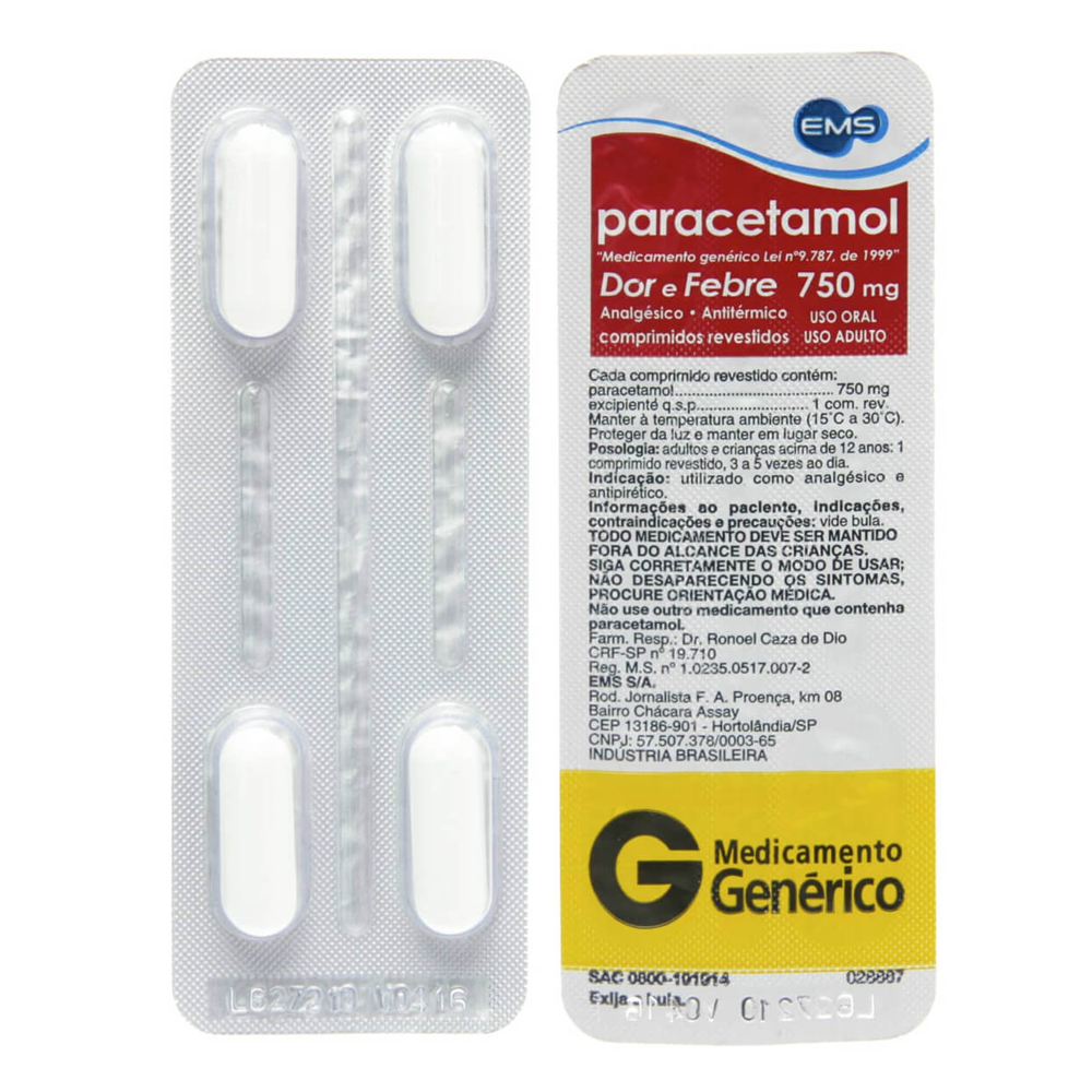 Paracetamol EMS 750mg, blíster com 4 comprimidos P7896004703602 ...