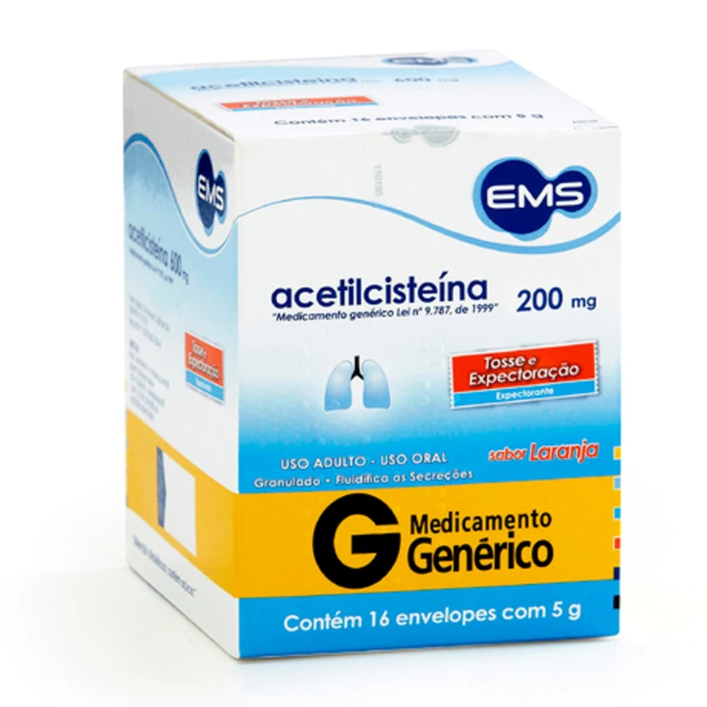 Acetilcisteína Granulado EMS 200mg/g, caixa com 16 envelopes com 5g de ...