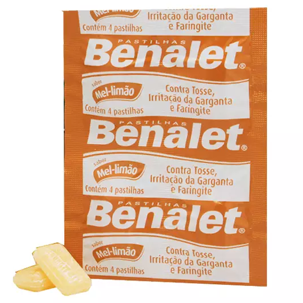 Benalet 5mg + 50mg + 10mg, cartela com 4 pastilhas, sabor mel e limão ... Benalet 5mg + 50mg + 10mg, cartela com 4 pastilhas, sabor mel e limão ...