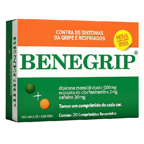 Benegrip 500mg + 30mg + 2mg, caixa com 20 comprimidos revestidos ...
