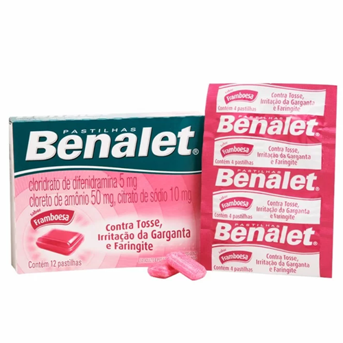 Benalet 5mg + 50mg + 10mg, caixa com 12 pastilhas, sabor framboesa ... Benalet 5mg + 50mg + 10mg, caixa com 12 pastilhas, sabor framboesa ...