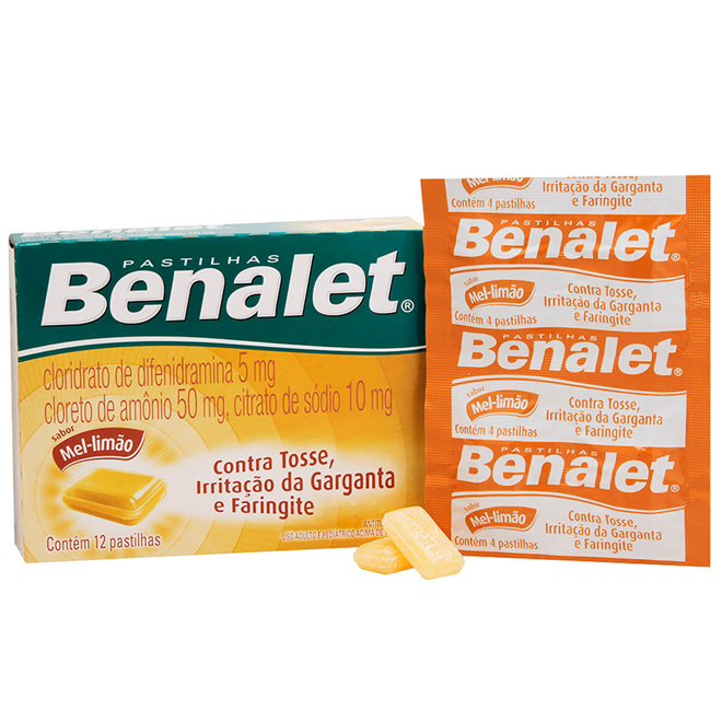 Benalet 5mg + 50mg + 10mg, caixa com 12 pastilhas, sabor mel e limão ...