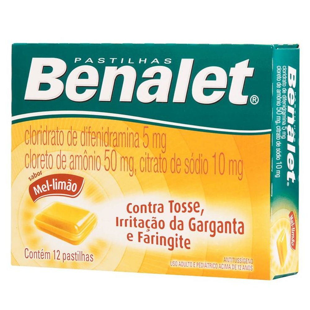 Benalet 5mg + 50mg + 10mg, caixa com 12 pastilhas, sabor mel e limão ... Benalet 5mg + 50mg + 10mg, caixa com 12 pastilhas, sabor mel e limão ...