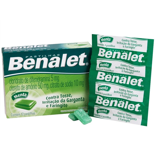 Benalet 5mg + 50mg + 10mg, caixa com 12 pastilhas, sabor menta ... Benalet 5mg + 50mg + 10mg, caixa com 12 pastilhas, sabor menta ...