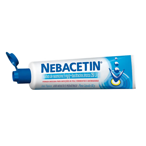 Nebacetin 5mg/g + 250UI/g, caixa com 1 bisnaga com 50g de pomada de uso ...