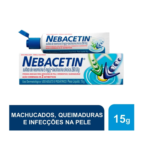 Nebacetin 5mg/g + 250UI/g, caixa com 1 bisnaga com 15g de pomada de uso ...