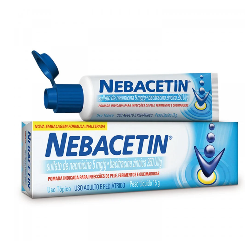 Nebacetin 5mg/g + 250UI/g, caixa com 1 bisnaga com 15g de pomada de uso ...