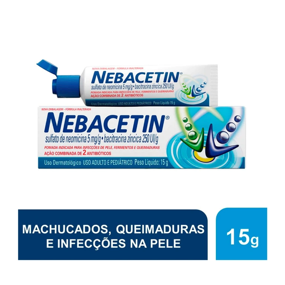 Nebacetin 5mg/g + 250UI/g, caixa com 1 bisnaga com 15g de pomada de uso ...