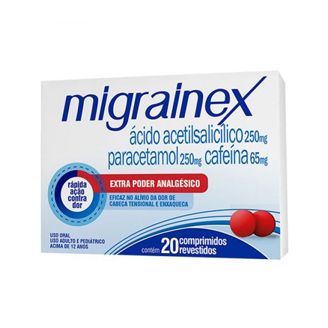Migrainex 250mg + 250mg + 65mg, caixa com 20 comprimidos revestidos ...