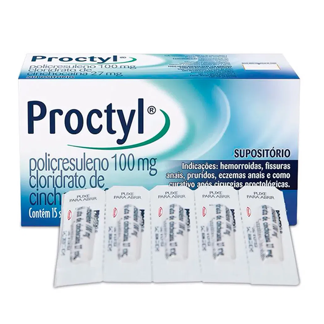 Proctyl Supositório 100mg + 27mg, caixa com 15 supositórios de uso ...